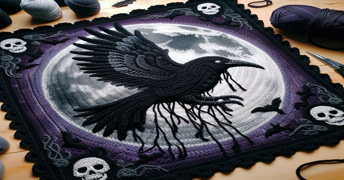 Gothic Raven Moon Crochet Kitchen Rag